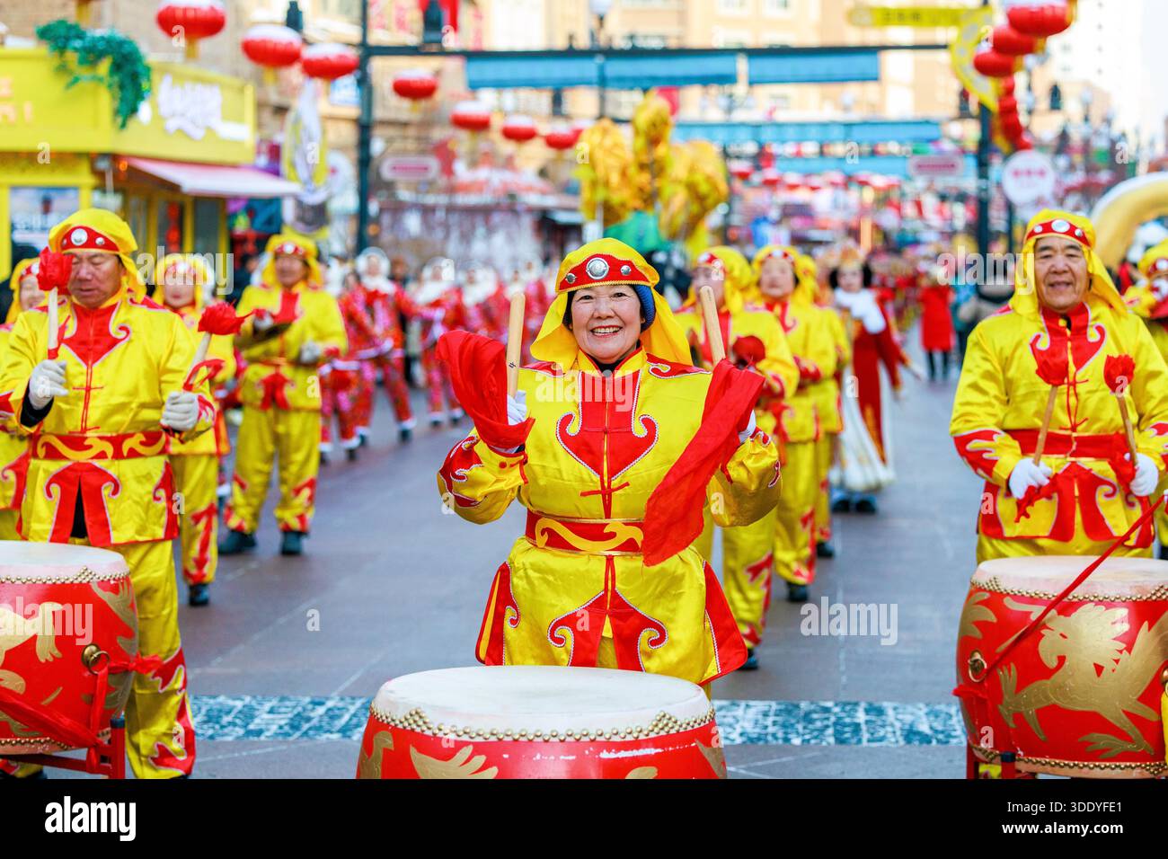 A shehuo team performs for tourists at the Grand Bazaar pedestrian ...