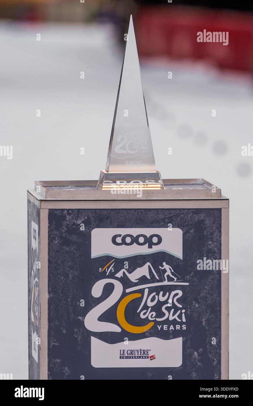 Val di Fiemme, Italy 20260104. The Tour de ski trophy in the finish ...
