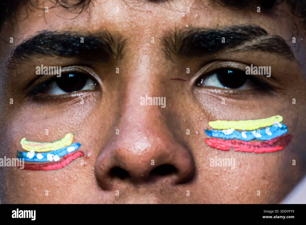 A young man wears the Venezuelan flag painted on his face during ...