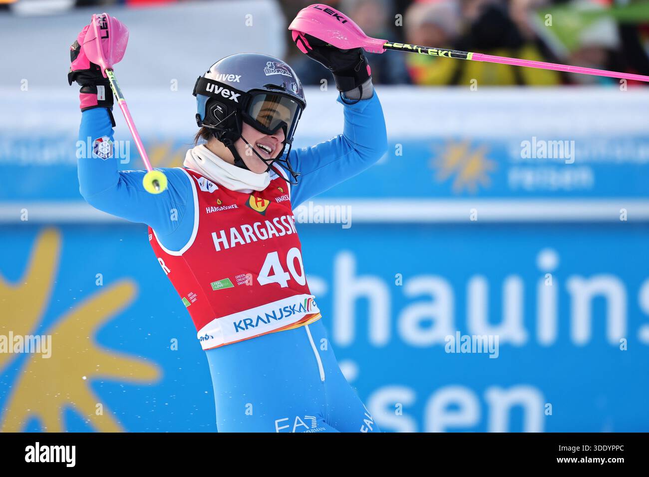 Italy's Giulia Valeriani reacts at the finish line during an alpine ski ...