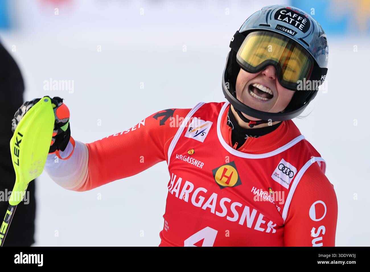 Switzerland's Wendy Holdener reacts at the finish line during an alpine ...