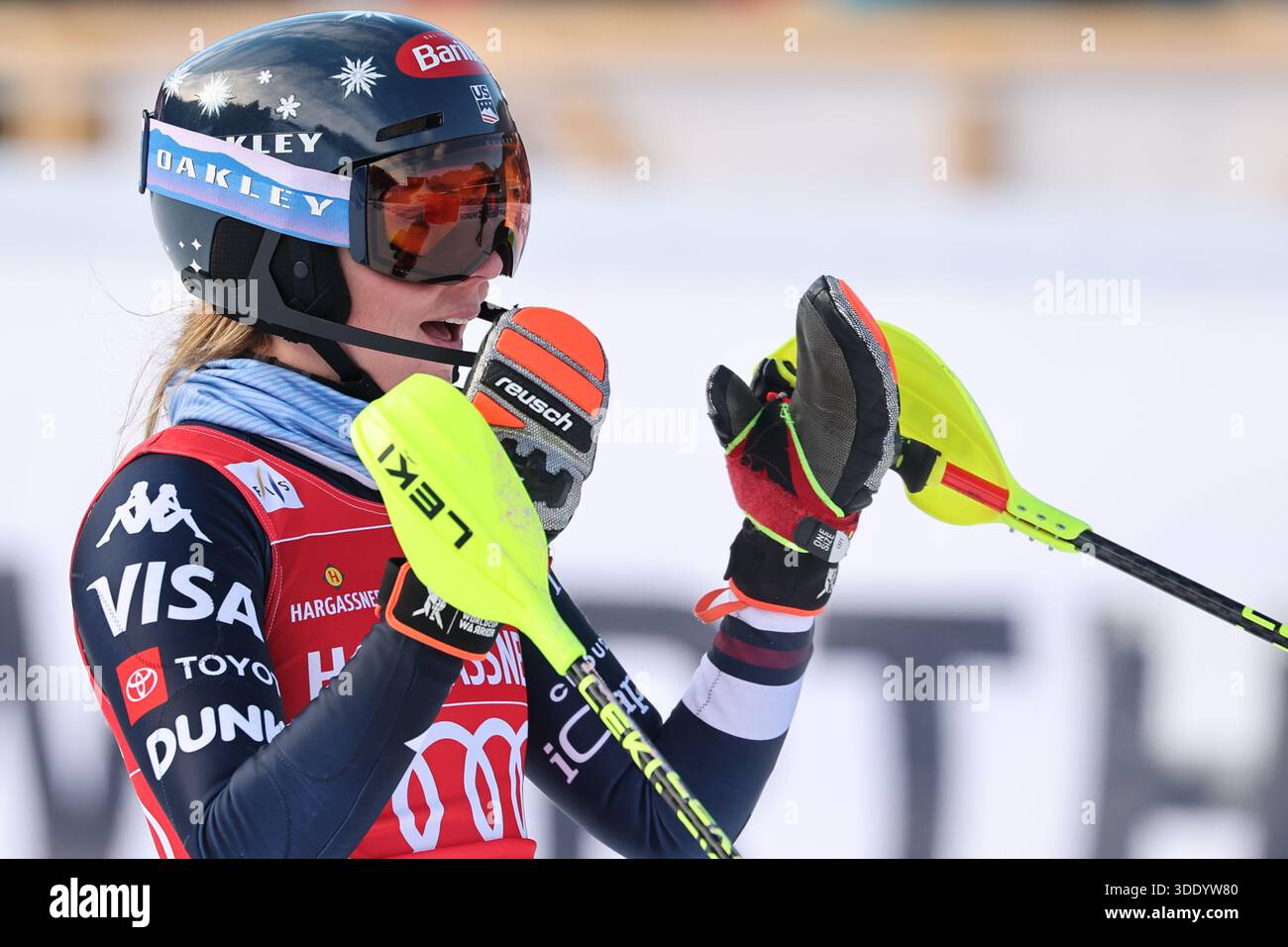 United States' Mikaela Shiffrin reacts at the finish line during an ...