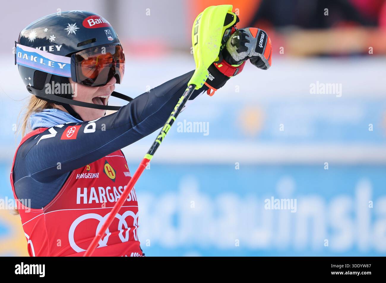 United States' Mikaela Shiffrin reacts at the finish line during an ...