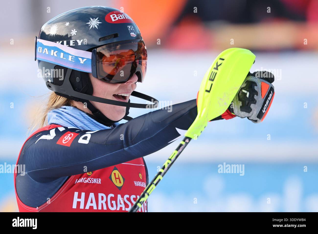 United States' Mikaela Shiffrin reacts at the finish line during an ...