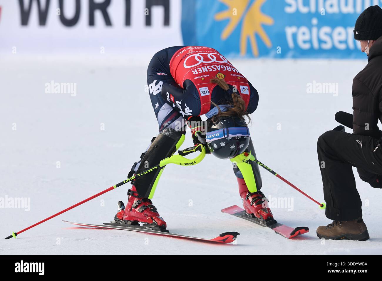 United States' Mikaela Shiffrin reacts at the finish line during an ...