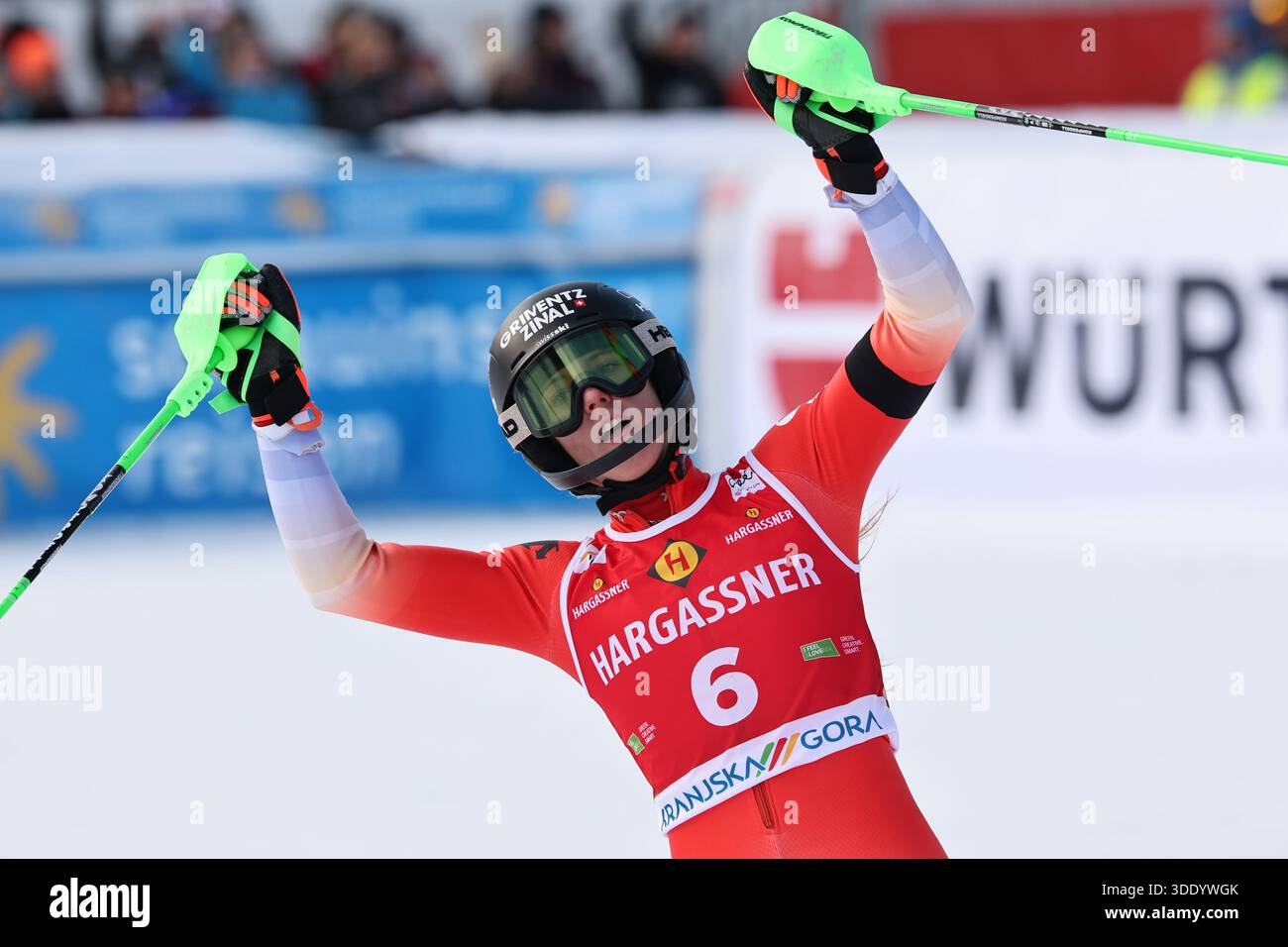 Switzerland's Camille Rast reacts at the finish line after winning an ...