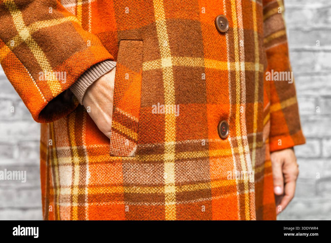 The woman put her hand in her coat pocket, close-up. hand in coat ...