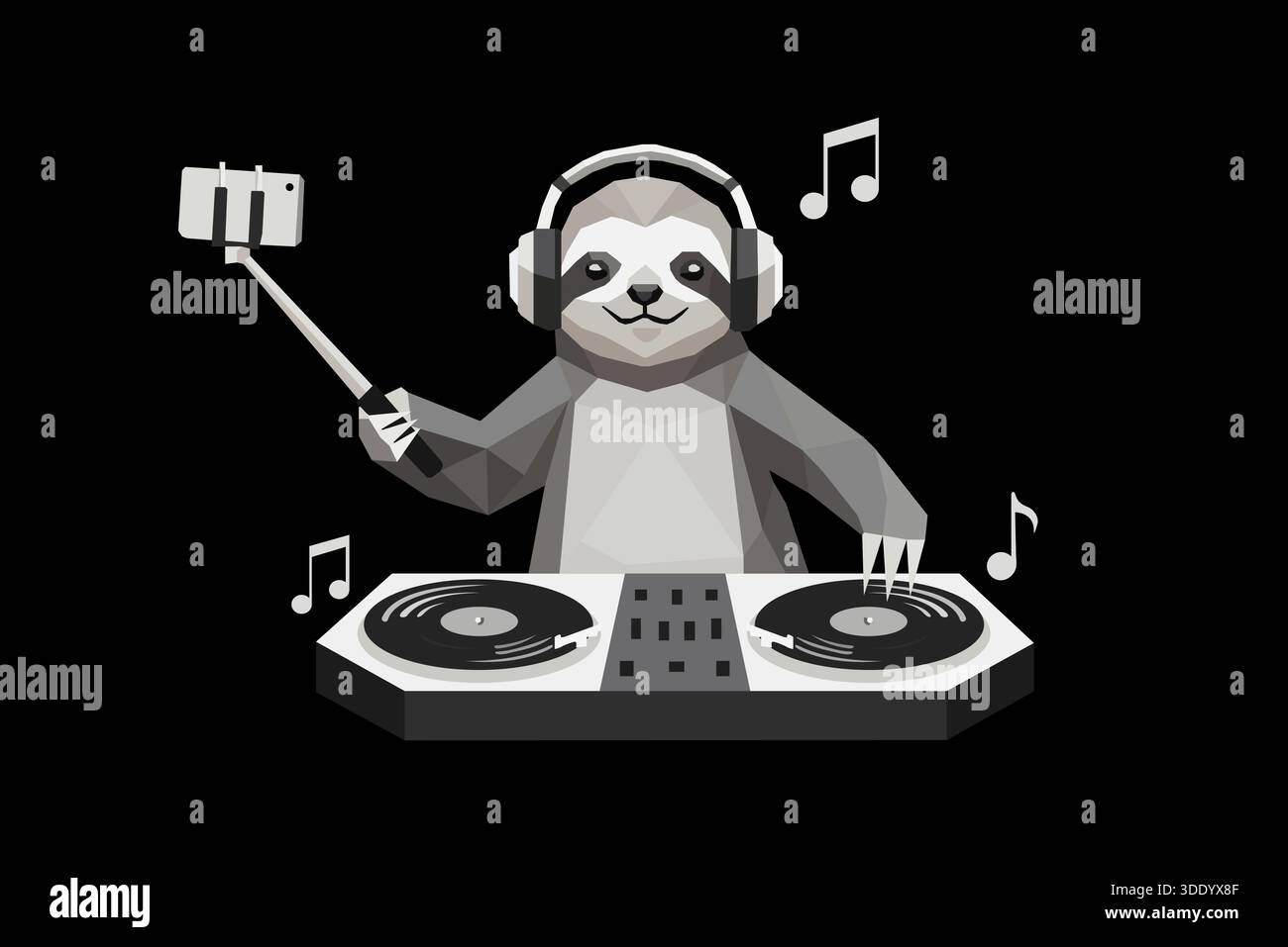 A cool low poly monochrome illustration of a sloth DJ playing music and ...