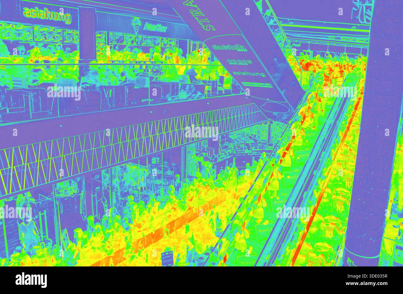 Crowds of people moving on escalators, visualized with a colorful data ...
