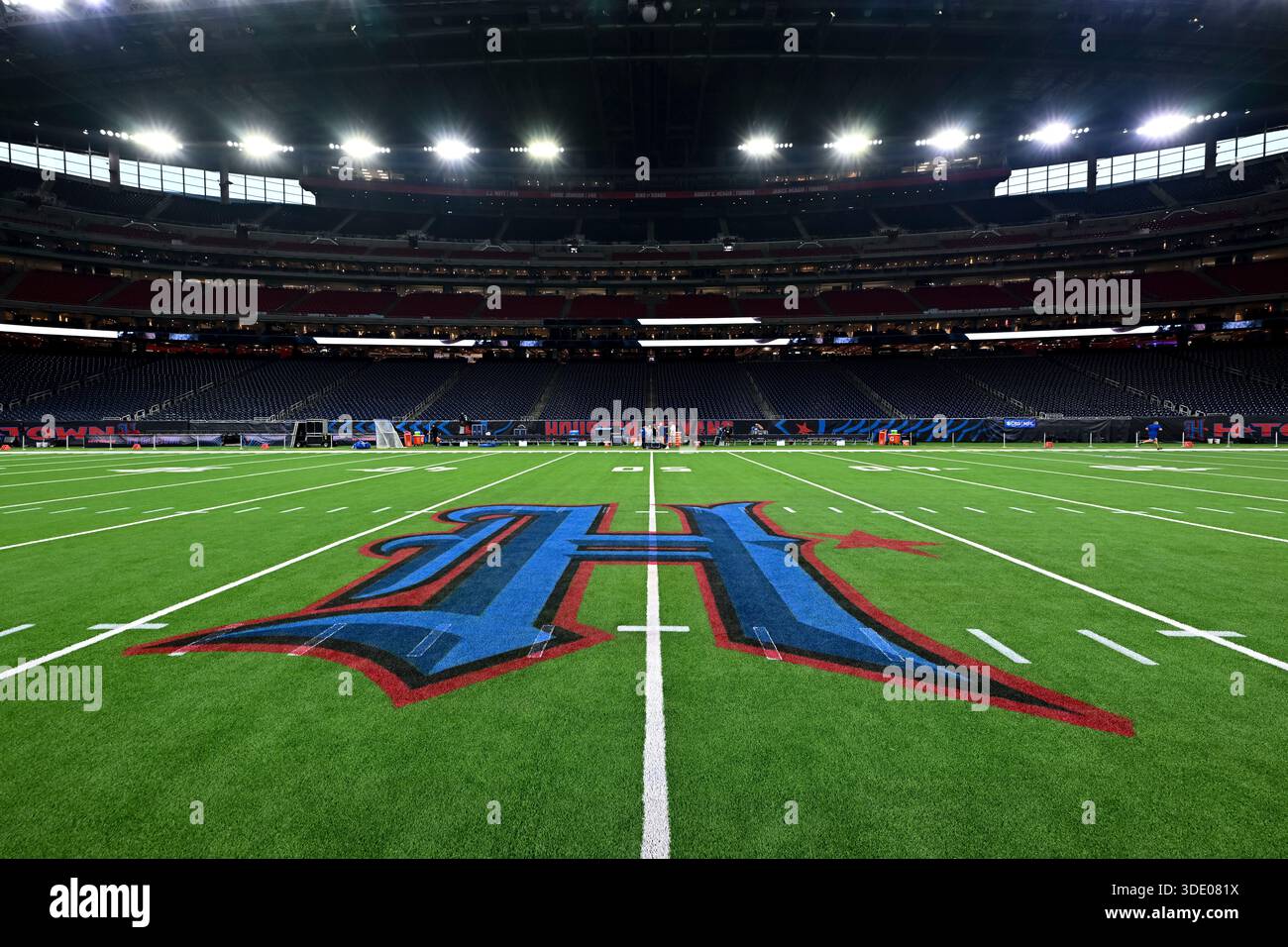 A detail view of the Houston Texans logo prior to an NFL football game ...