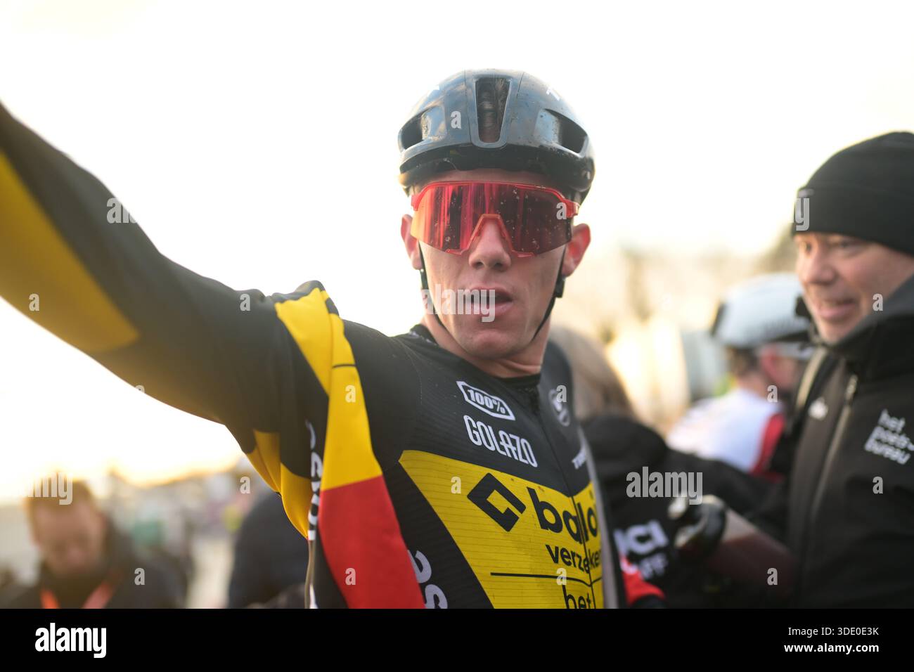 Belgian Thibau Nys pictured after the arrival of the men's elite race ...