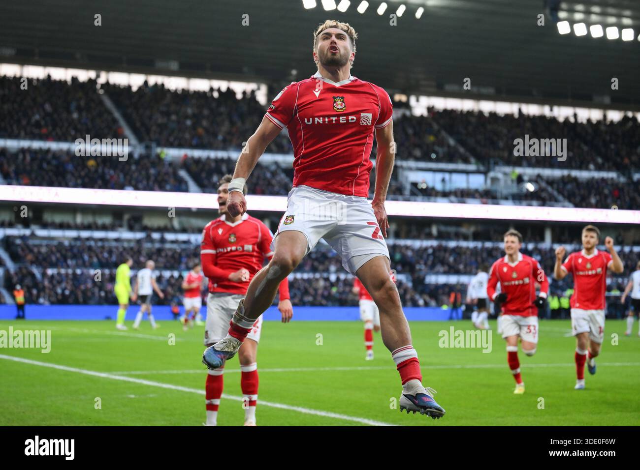 Sam Smith of Wrexham celebrates after scoring a goal to make it 0-1 ...