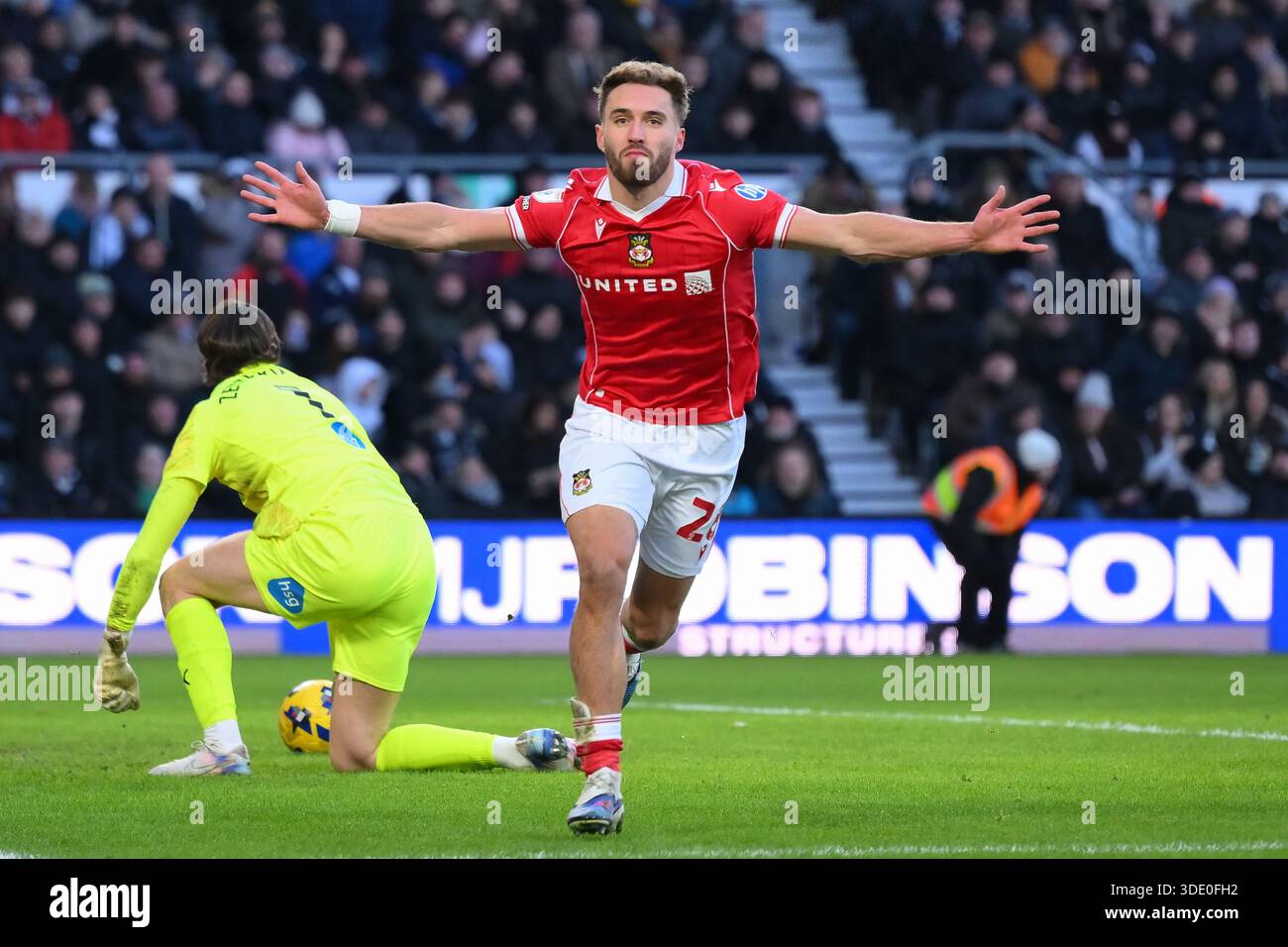 Sam Smith of Wrexham celebrates after scoring a goal to make it 0-1 ...