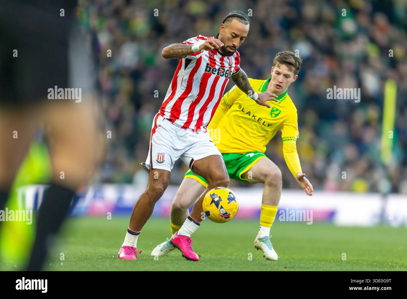 Kellen Fisher of Norwich City and Sorba Thomas of Stoke City battle for ...