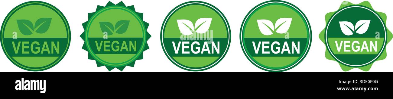 Vegan food labels with leaf symbol in green circular badges Stock ...