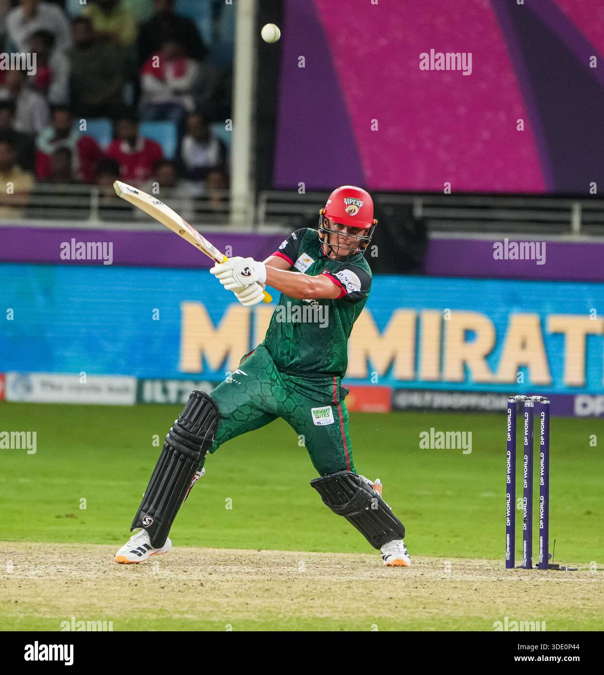 Sam Curran, captain of Desert Vipers, hits a clean six during the ILT20 ...
