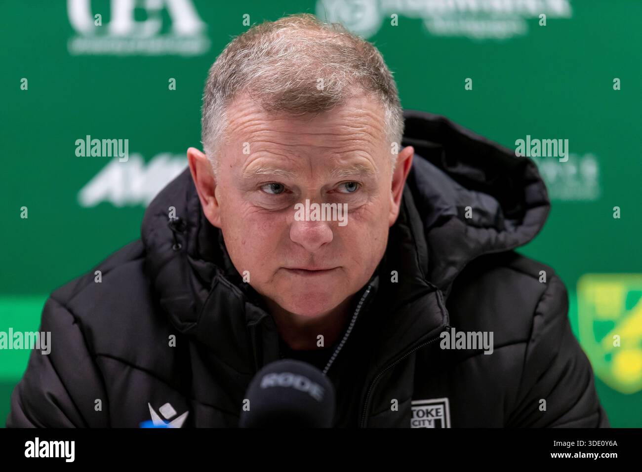 Stoke City Manager, Mark Robins, giving his press conference after the ...