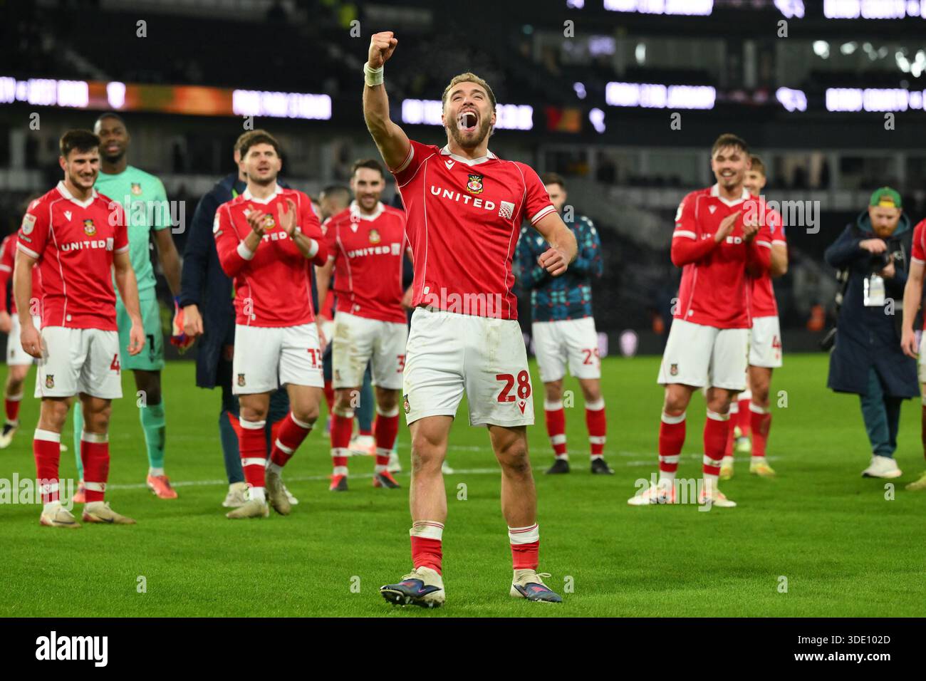 Wrexham goal scorer Sam Smith, celebrates victory during the Sky Bet ...