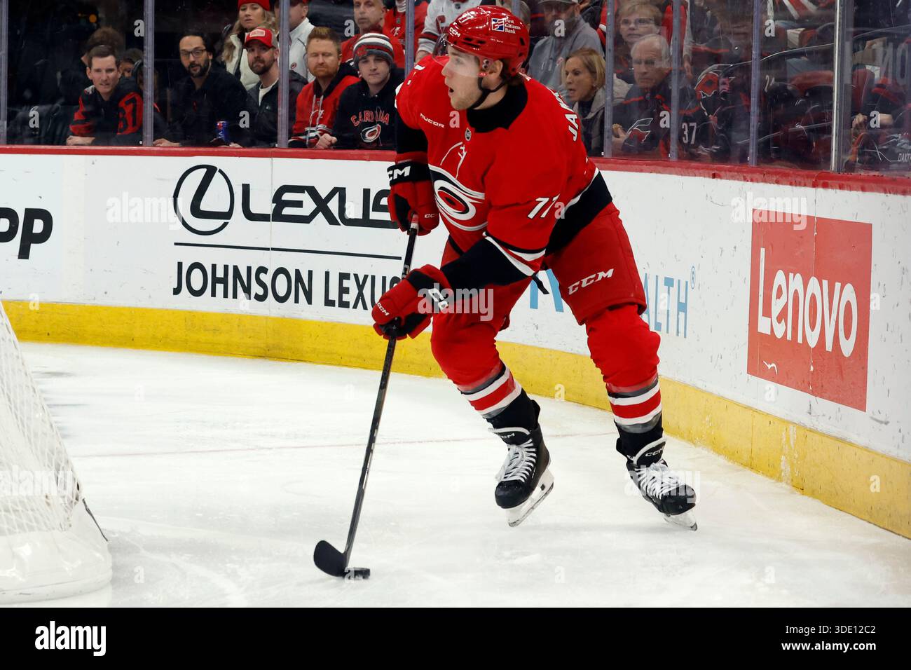 Carolina Hurricanes' Mark Jankowski (77) moves the puck against the New ...