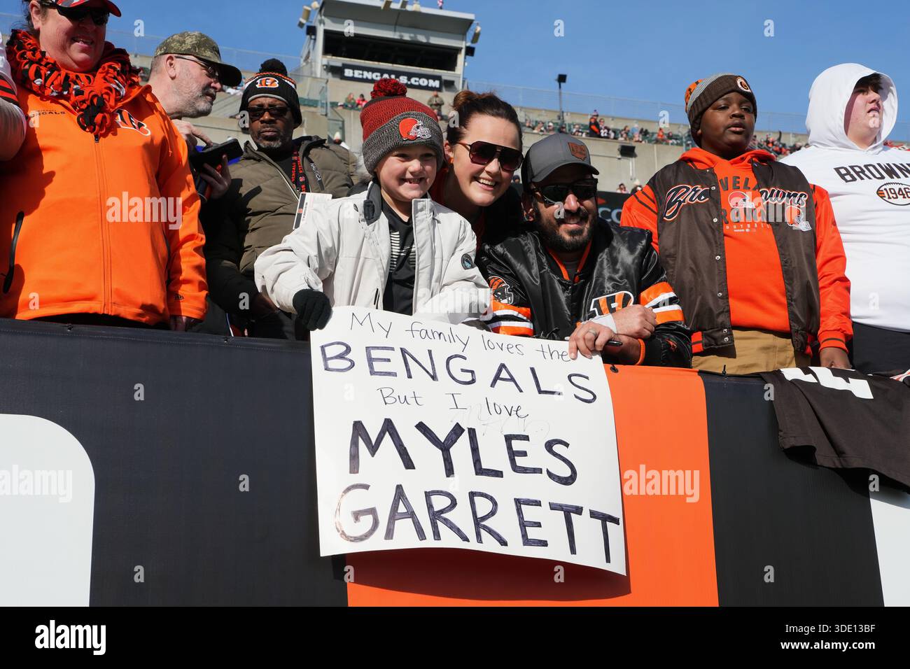 Fans of Cleveland Browns defensive end Myles Garrett hold up a sign ...