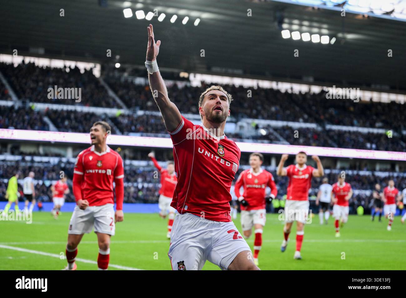 Sam Smith of Wrexham celebrates after scoring a goal to make it 0-1 ...