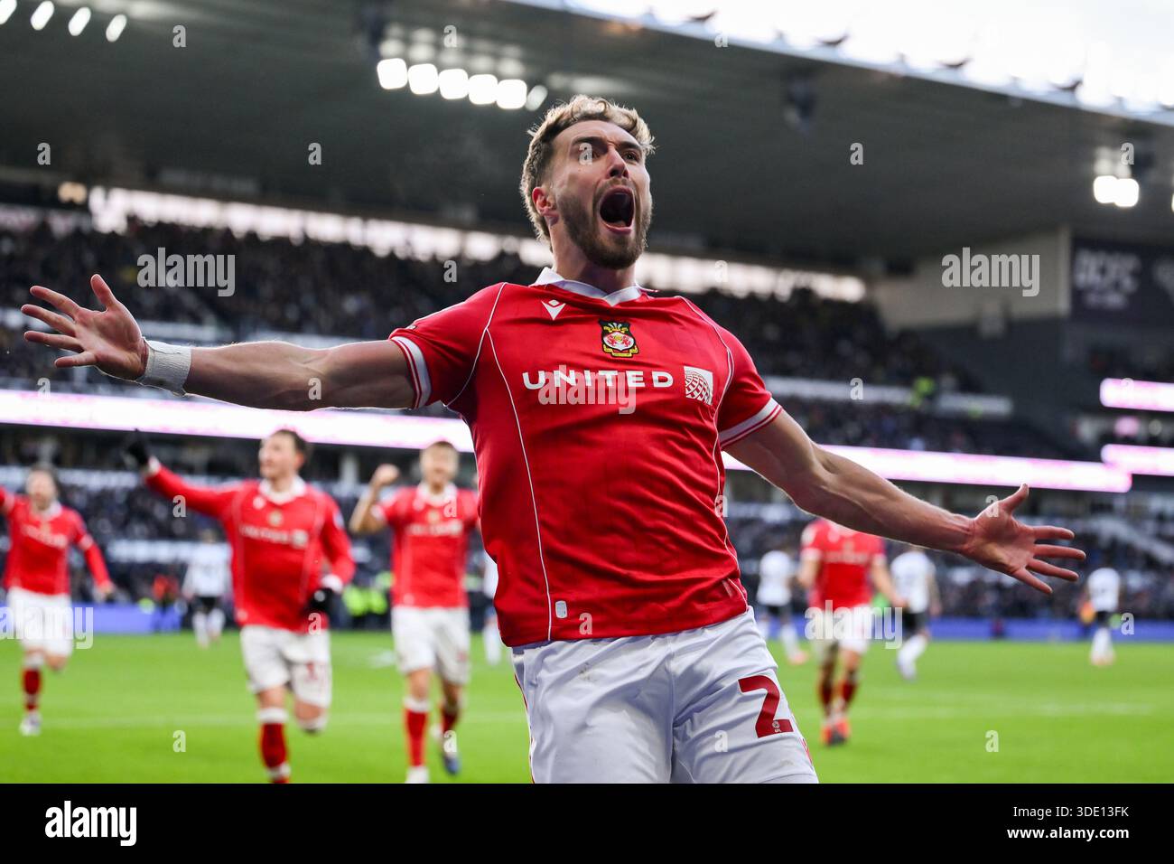 Sam Smith of Wrexham celebrates after scoring a goal to make it 0-1 ...