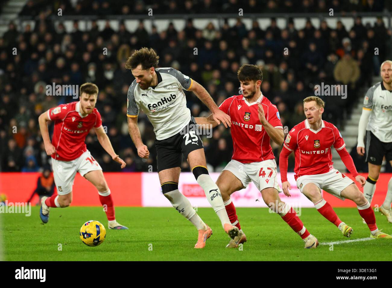 Ben Brereton Diaz of Derby County shields the ball from Ryan Longman of ...