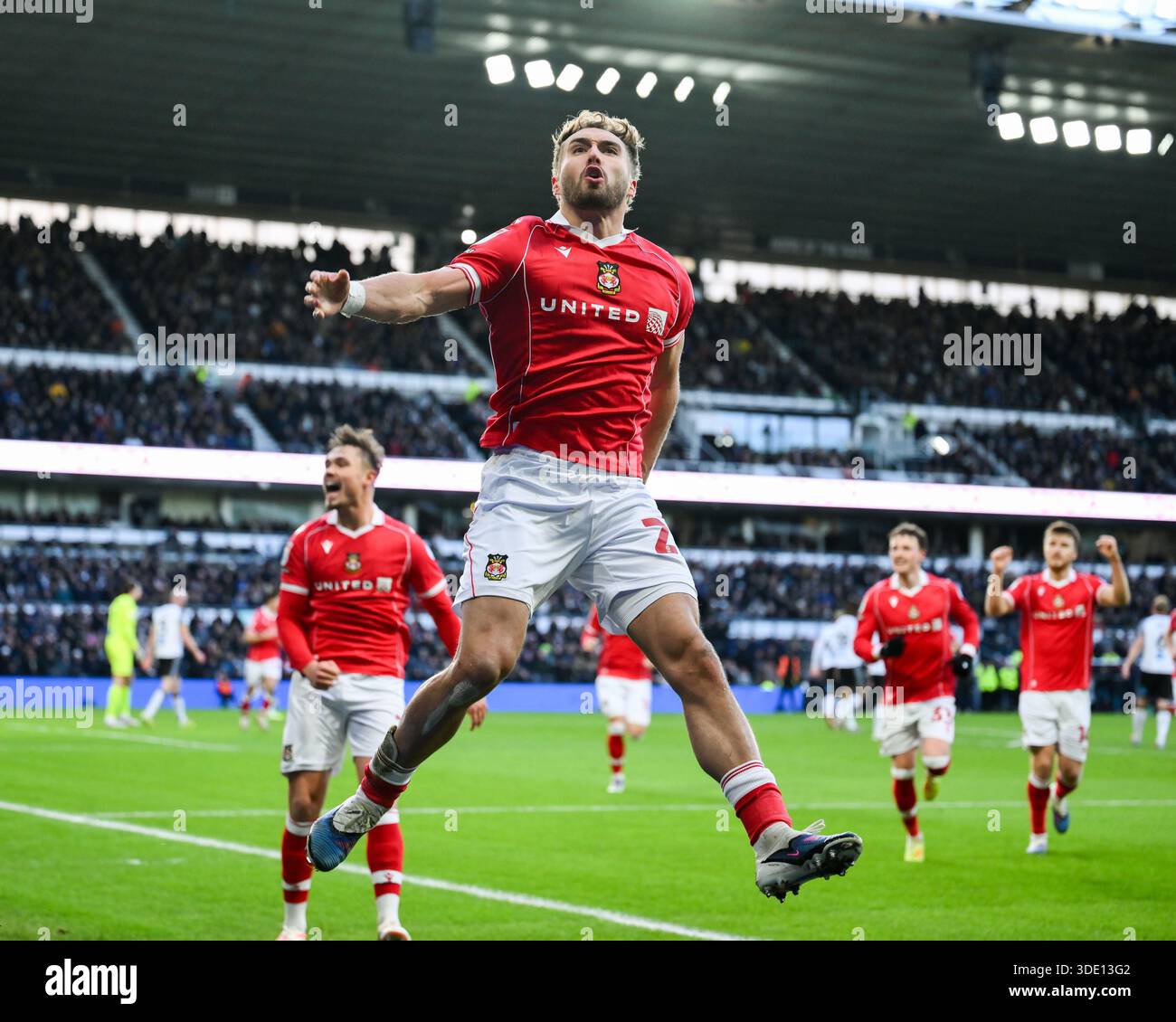Sam Smith of Wrexham celebrates after scoring a goal to make it 0-1 ...