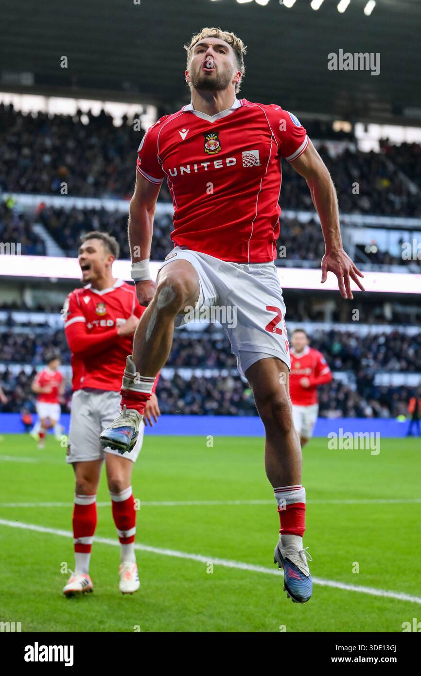 Sam Smith of Wrexham celebrates after scoring a goal to make it 0-1 ...