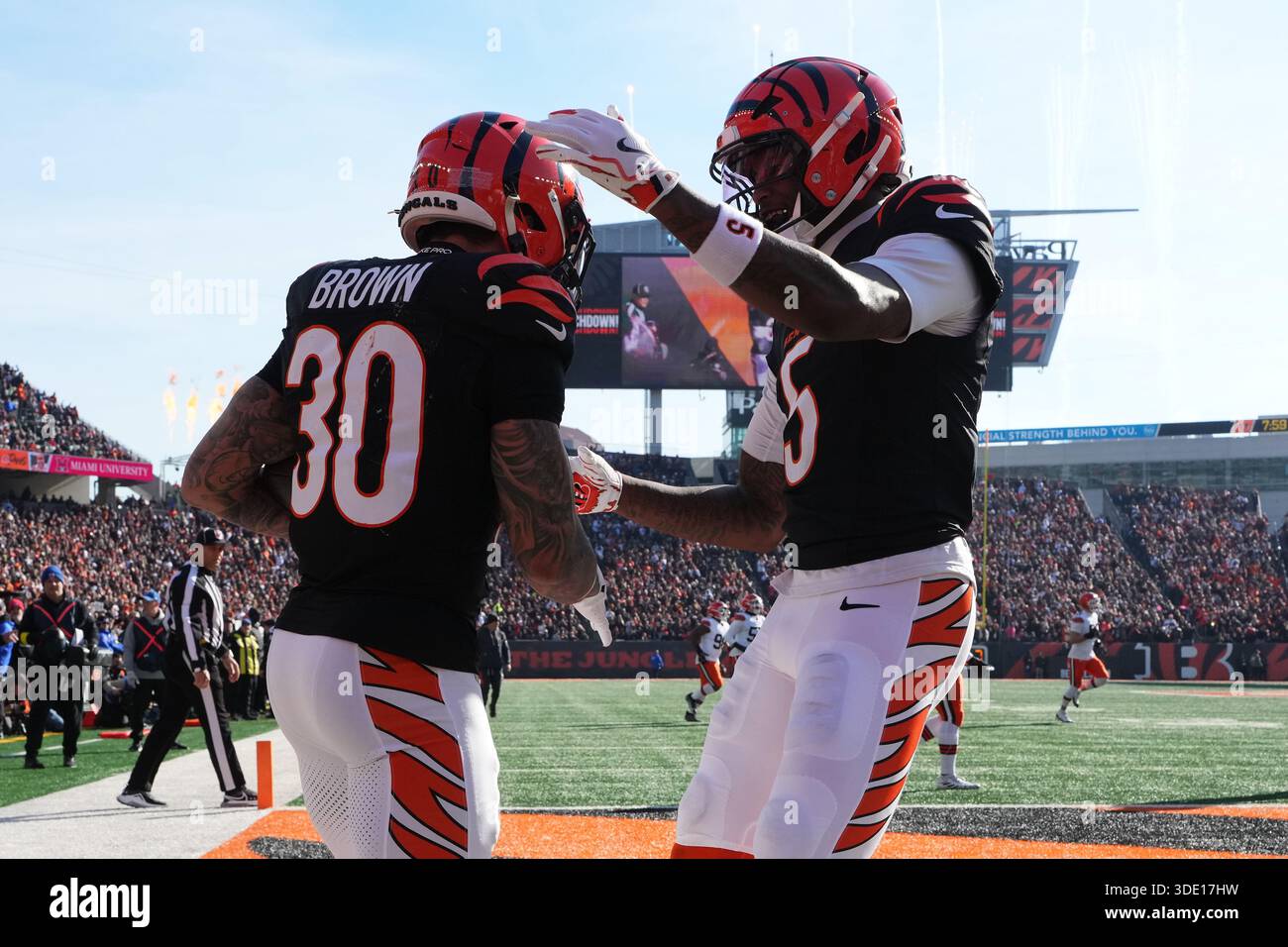 Cincinnati Bengals running back Chase Brown (30) is congratulated by ...