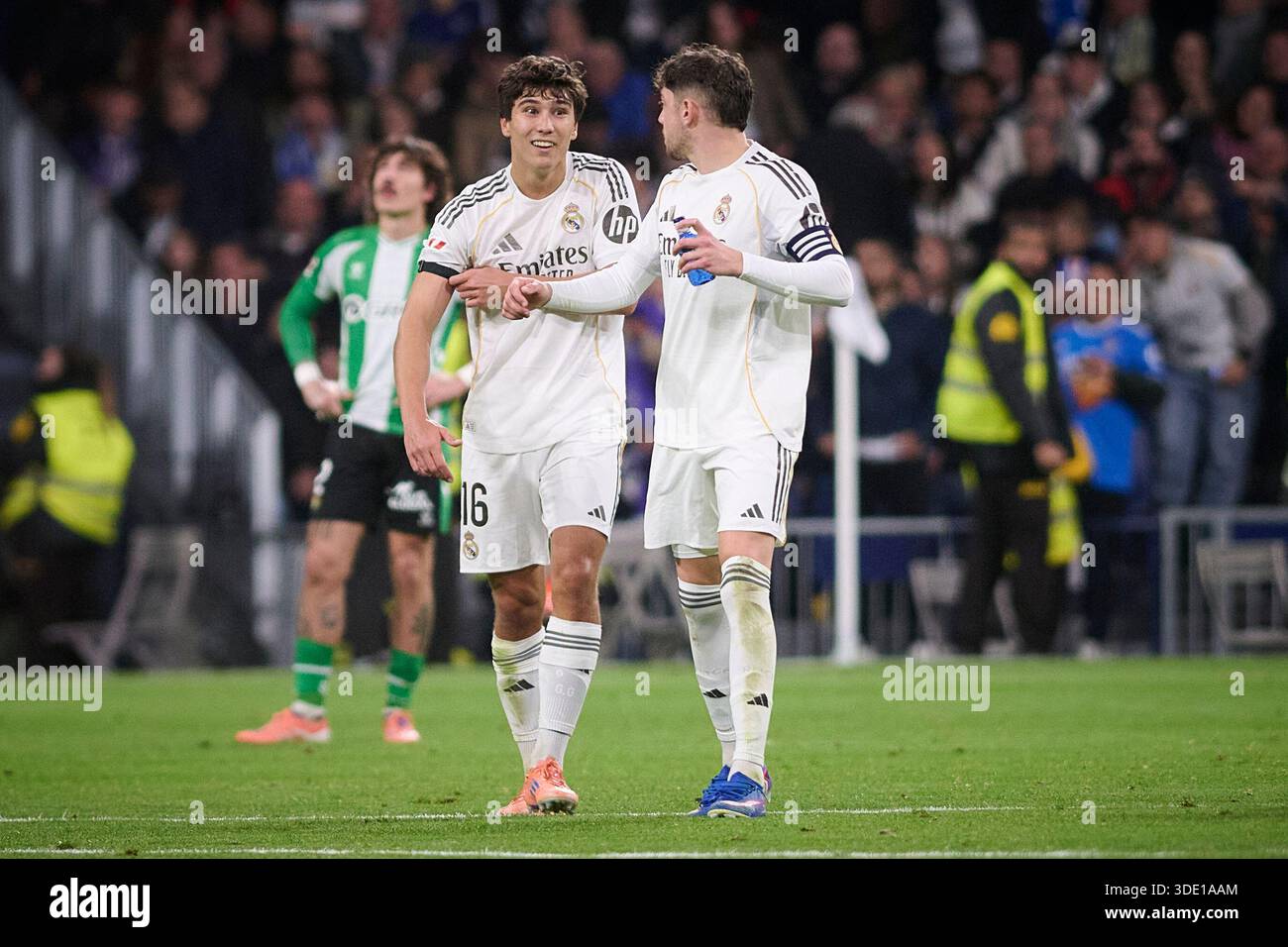 Real Madrid CF’s Gonzalo Garcia (l) and Fede Valverde during La Liga ...