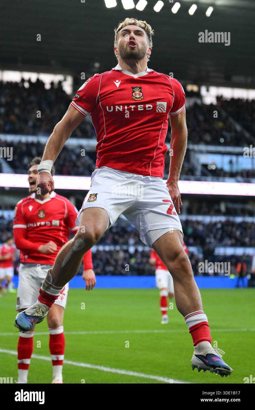 Sam Smith of Wrexham celebrates after scoring a goal to make it 0-1 ...