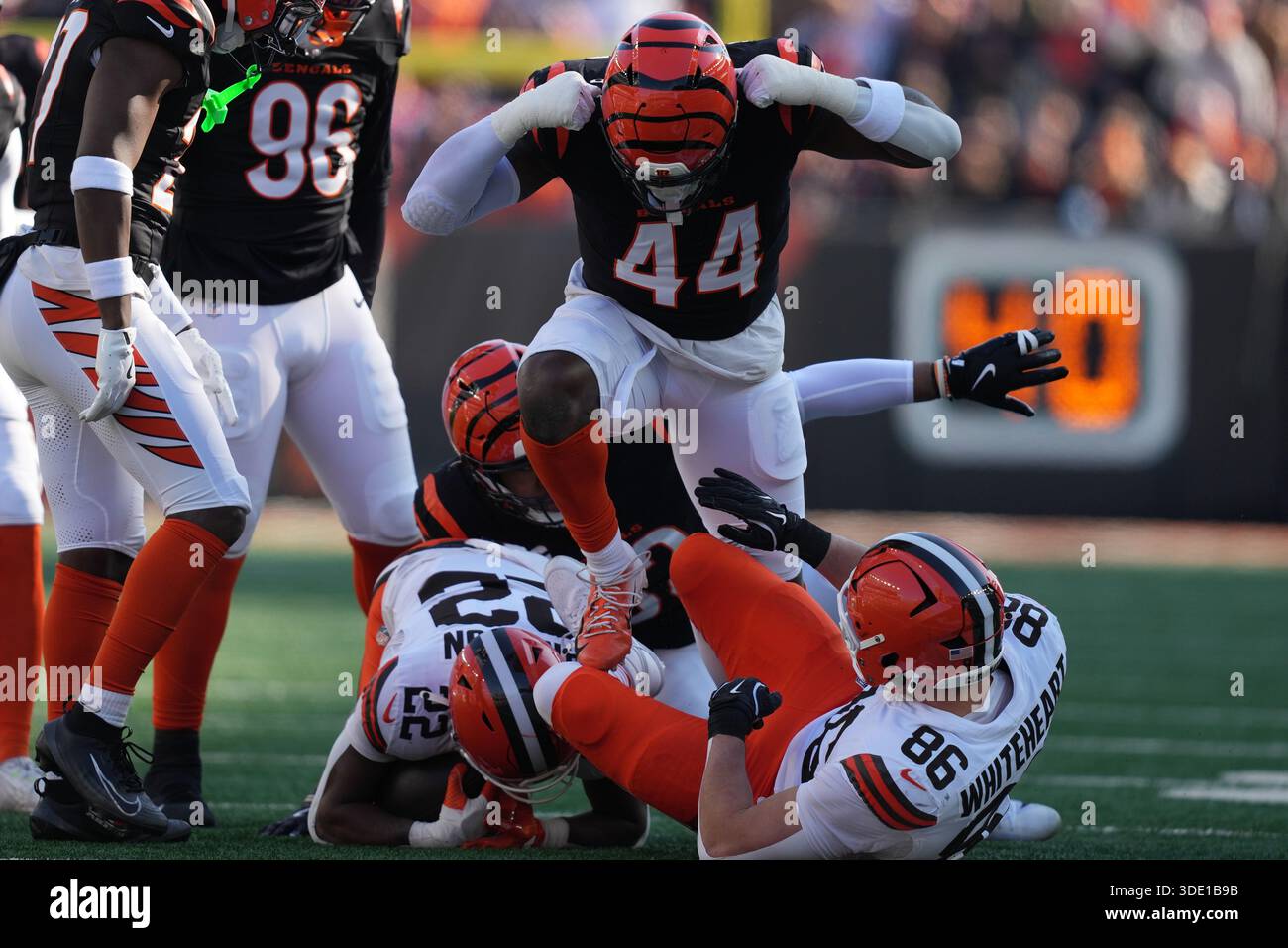 Cincinnati Bengals linebacker Demetrius Knight Jr. (44) reacts after ...