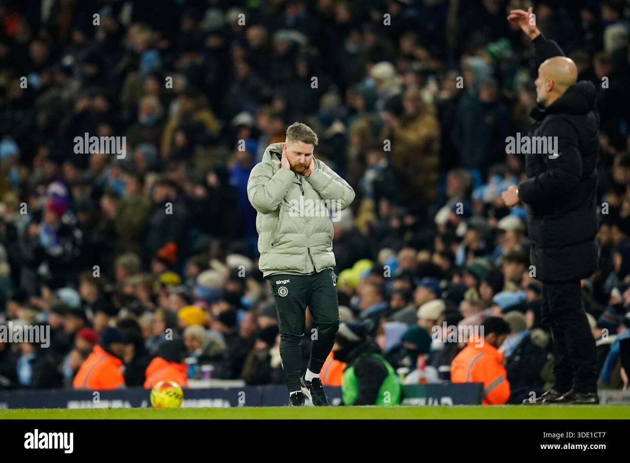 Chelsea's head coach Calum McFarlane, center, reacts after Cole Palmer ...