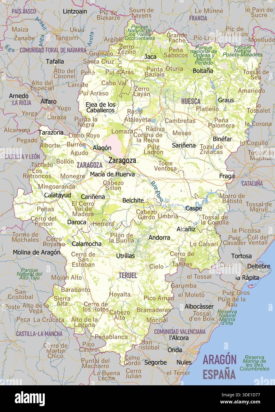 map of the Aragon region in Spain, showing its geographical boundaries ...