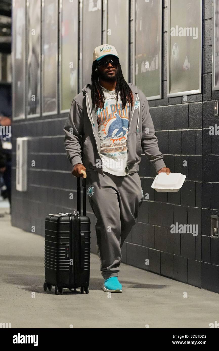 Miami Dolphins running back Alexander Mattison arrives before an NFL ...