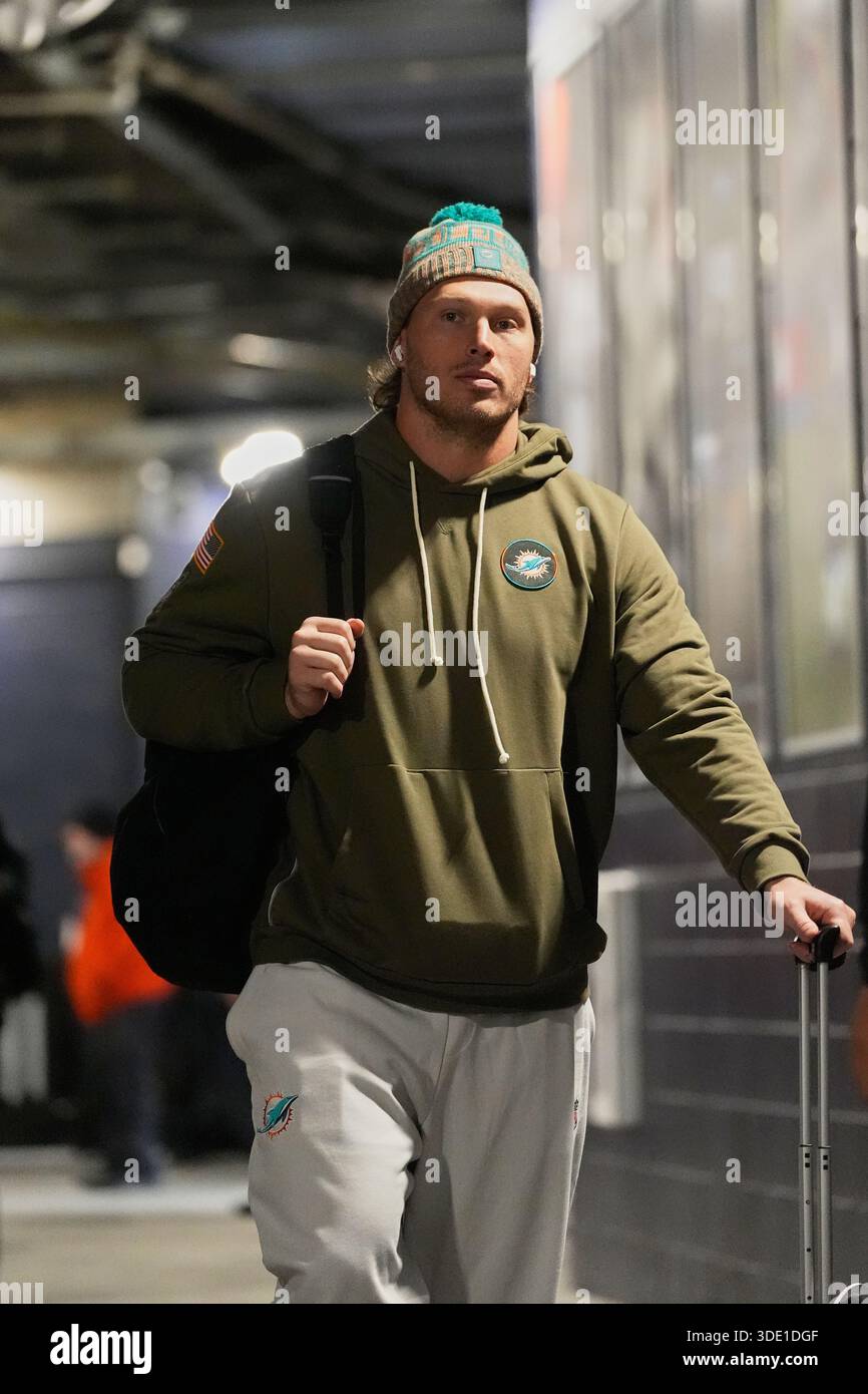 Miami Dolphins guard Cole Strange arrives before an NFL football game ...