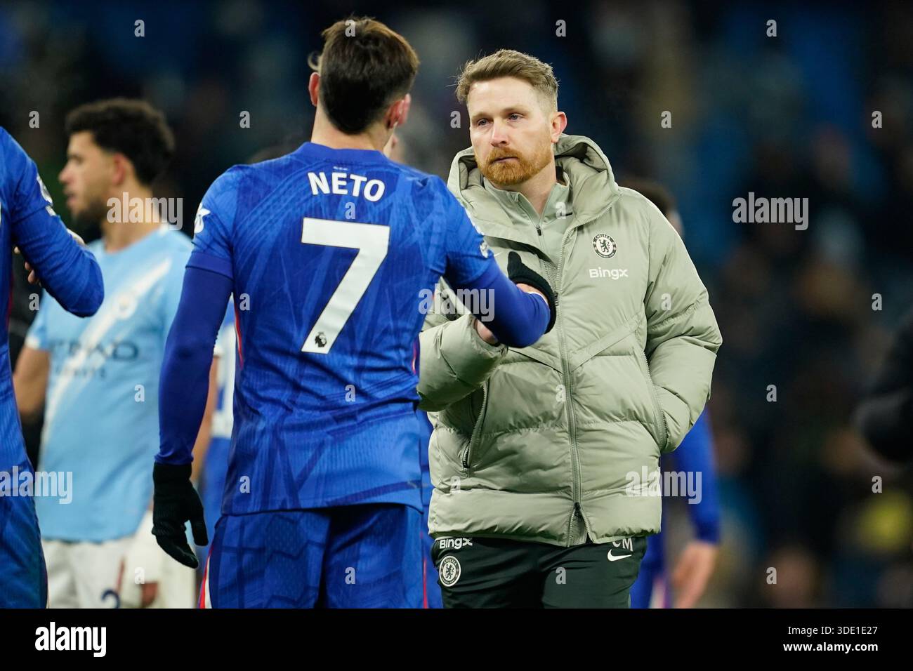 Chelsea's head coach Calum McFarlane, right, shakes hands with Pedro ...