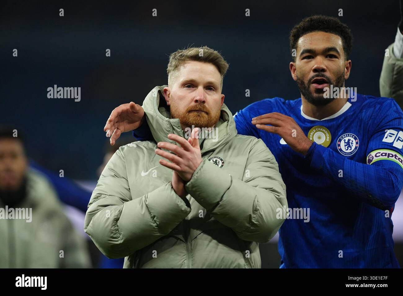 Chelsea interim manager Calum McFarlane and Reece James react following ...