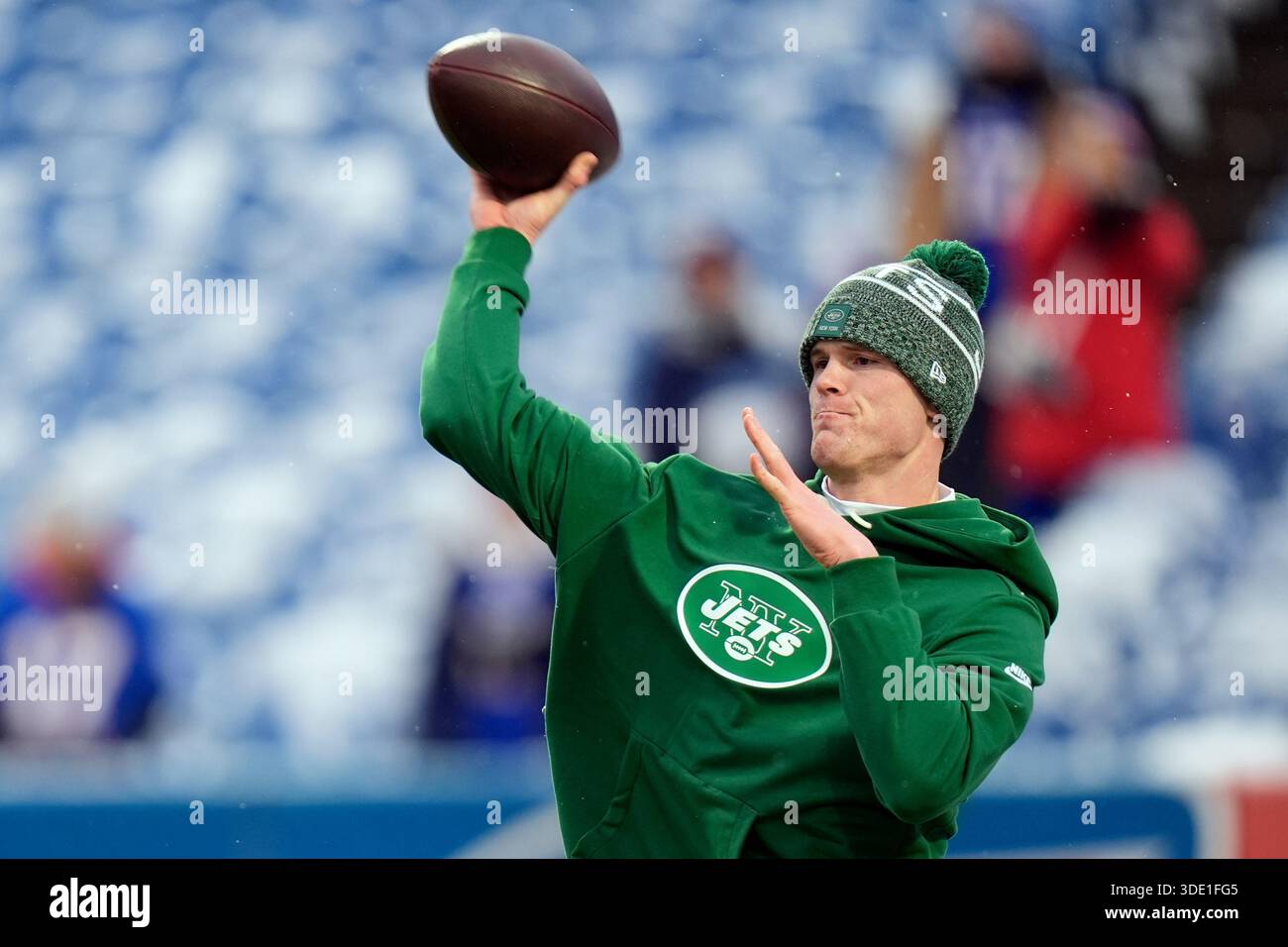 New York Jets quarterback Brady Cook warms up before an NFL football ...