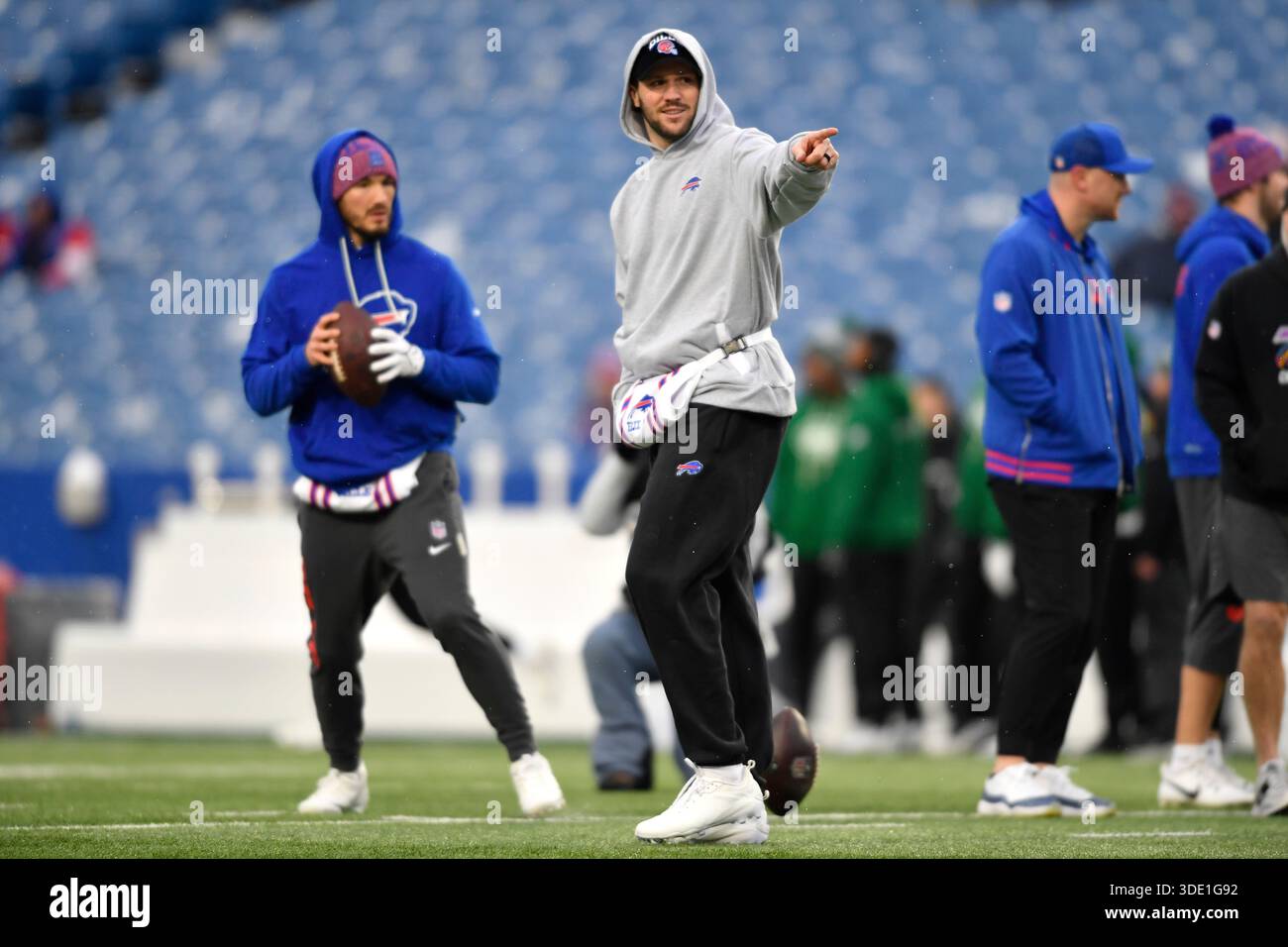 Buffalo Bills quarterbacks Josh Allen, center, and Mitchell Trubisky ...