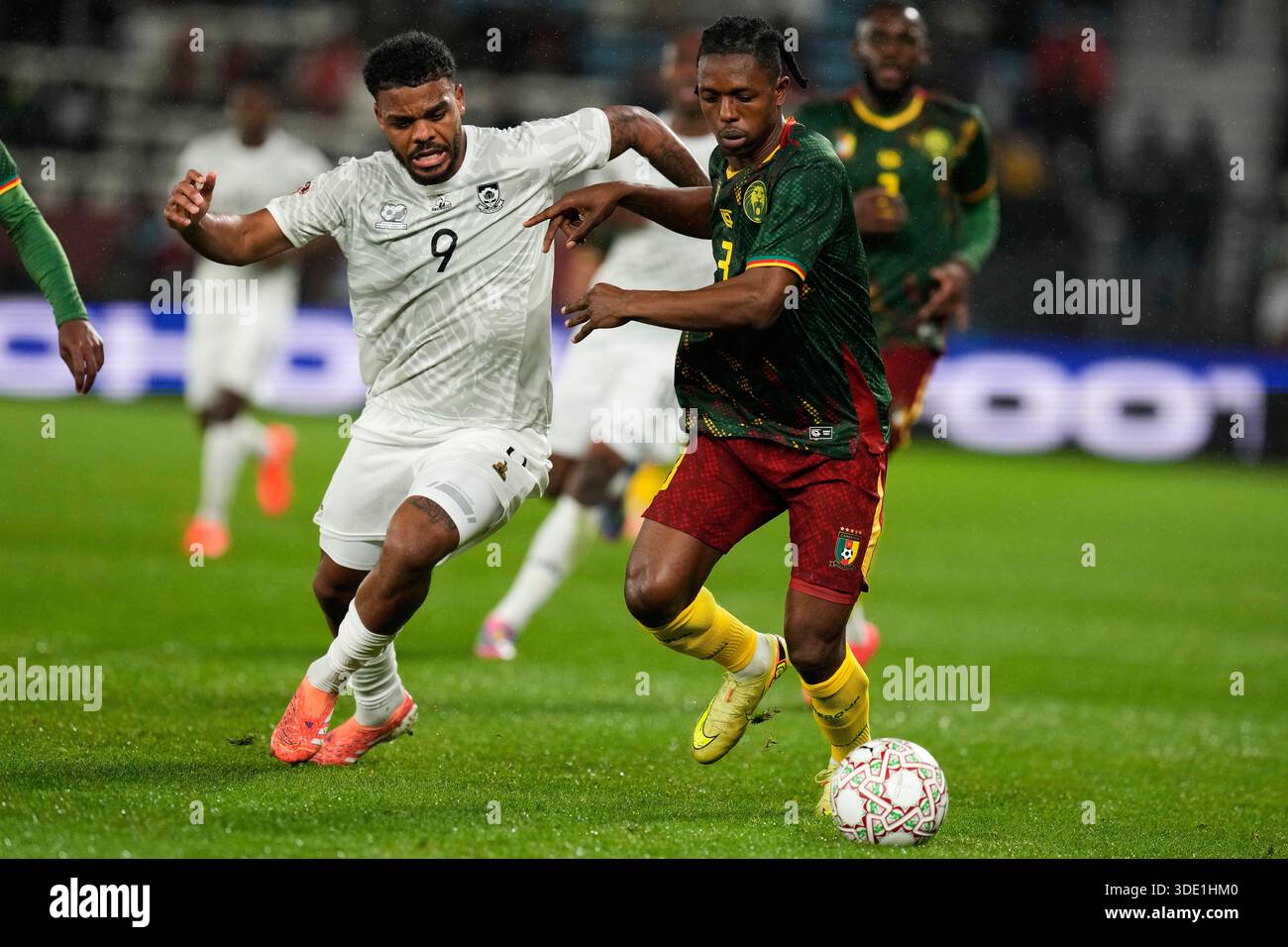 South Africa's Lyle Foster and Cameroon's Che Malone challenge for the ...
