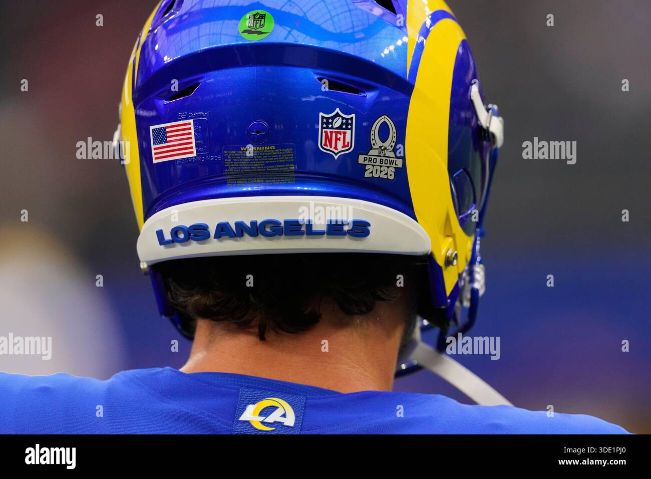 A detailed view of a Pro Bowl sticker on the helmet of Los Angeles Rams ...