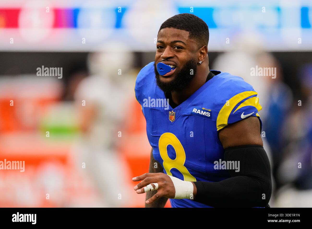 Los Angeles Rams linebacker Jared Verse (8) warms up before an NFL ...