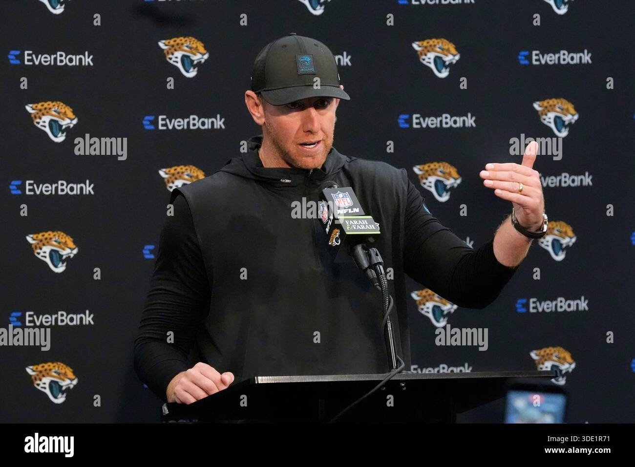 Jacksonville Jaguars head coach Liam Coen speaks during a news ...