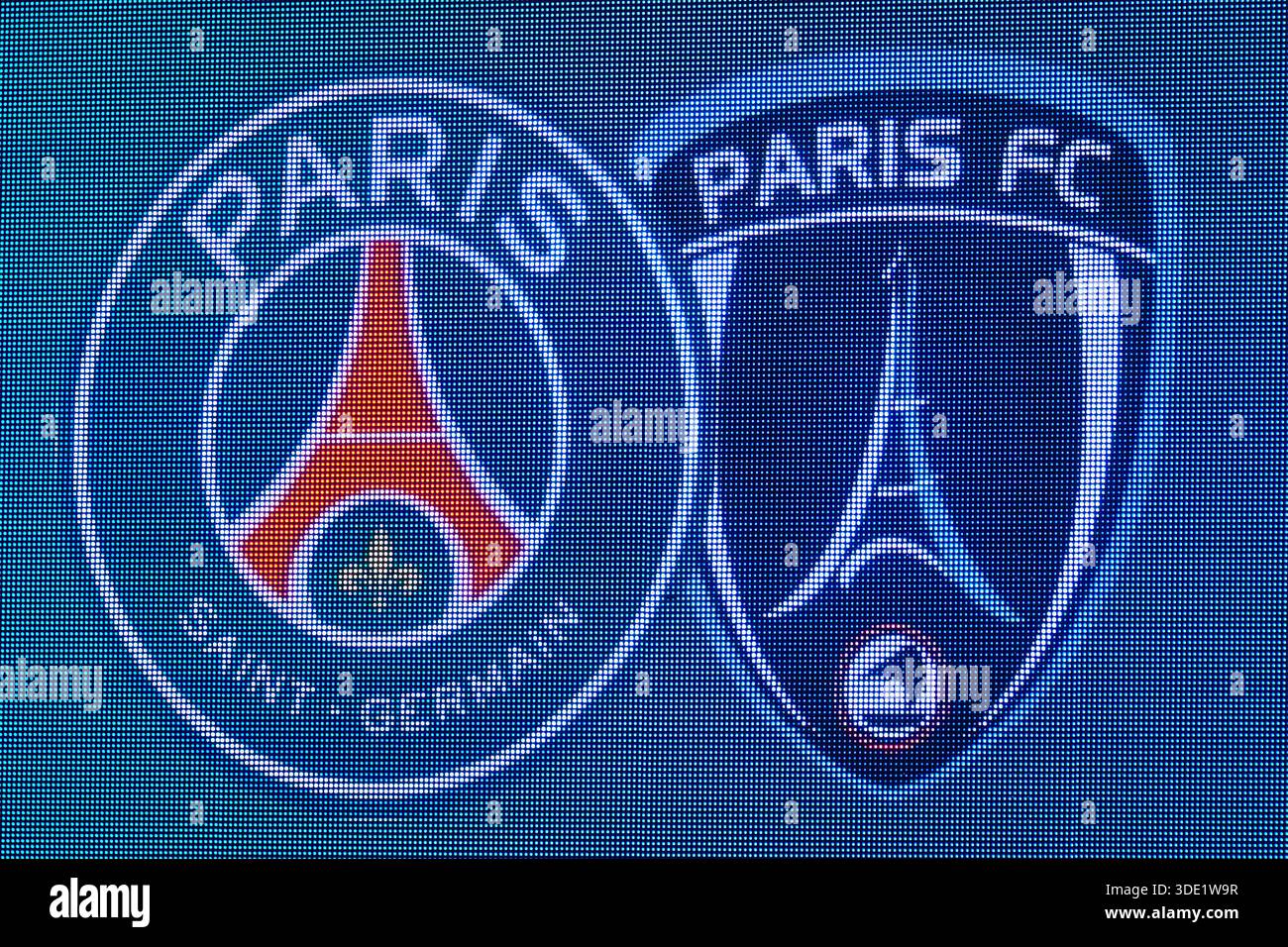 This photograph shows the logos of Paris Saint-Germain and Paris FC ...