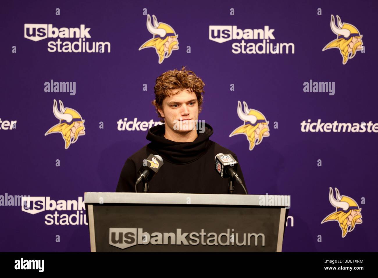 Minnesota Vikings quarterback J.J. McCarthy speaks during a news ...