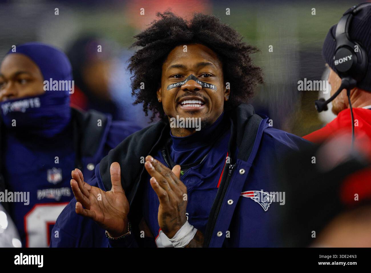 New England Patriots wide receiver Stefon Diggs (8) reacts during the ...