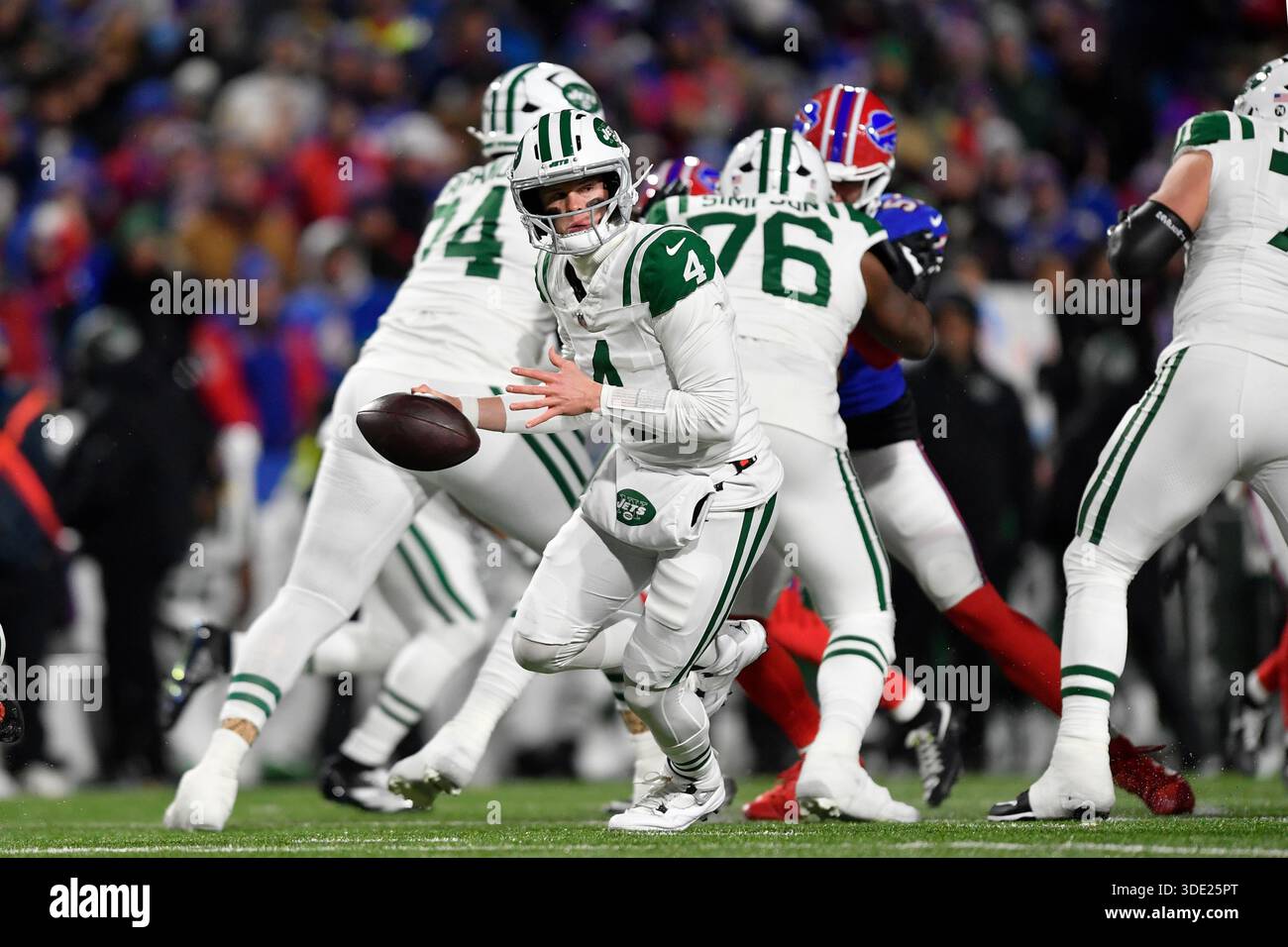 New York Jets quarterback Brady Cook (4) plays against the Buffalo ...