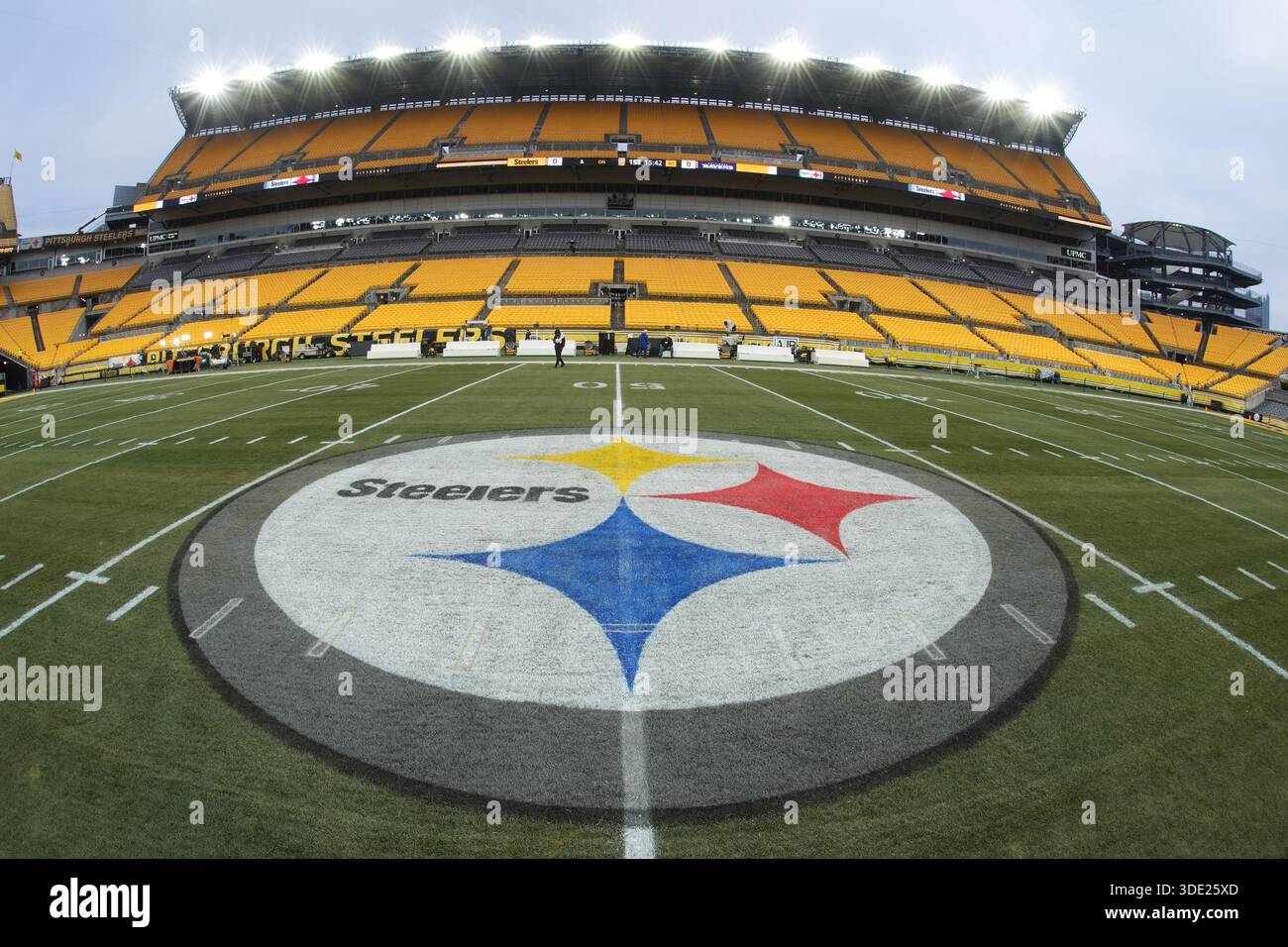 The Pittsburgh Steelers logo is seen on the 50-yard line before an NFL ...